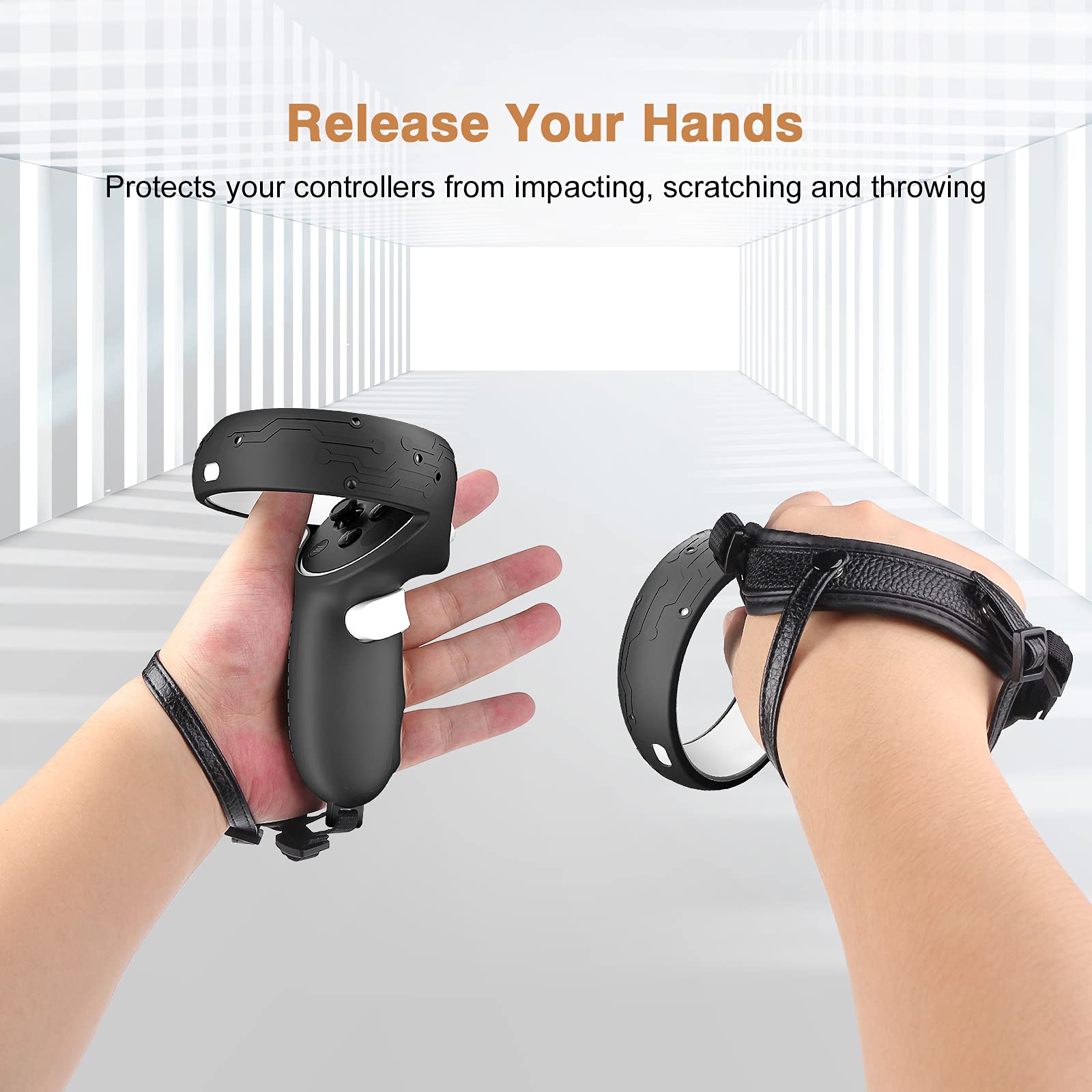 EWalos Touch Controller Grip Leather Cover for Oculus Quest 2 Double Protection Anti-Throw Handle Silicone Accessories, Adjustable The Pattern of Lychee Pu Leather Wrist Knuckle Strap(1 Pair, Black)
