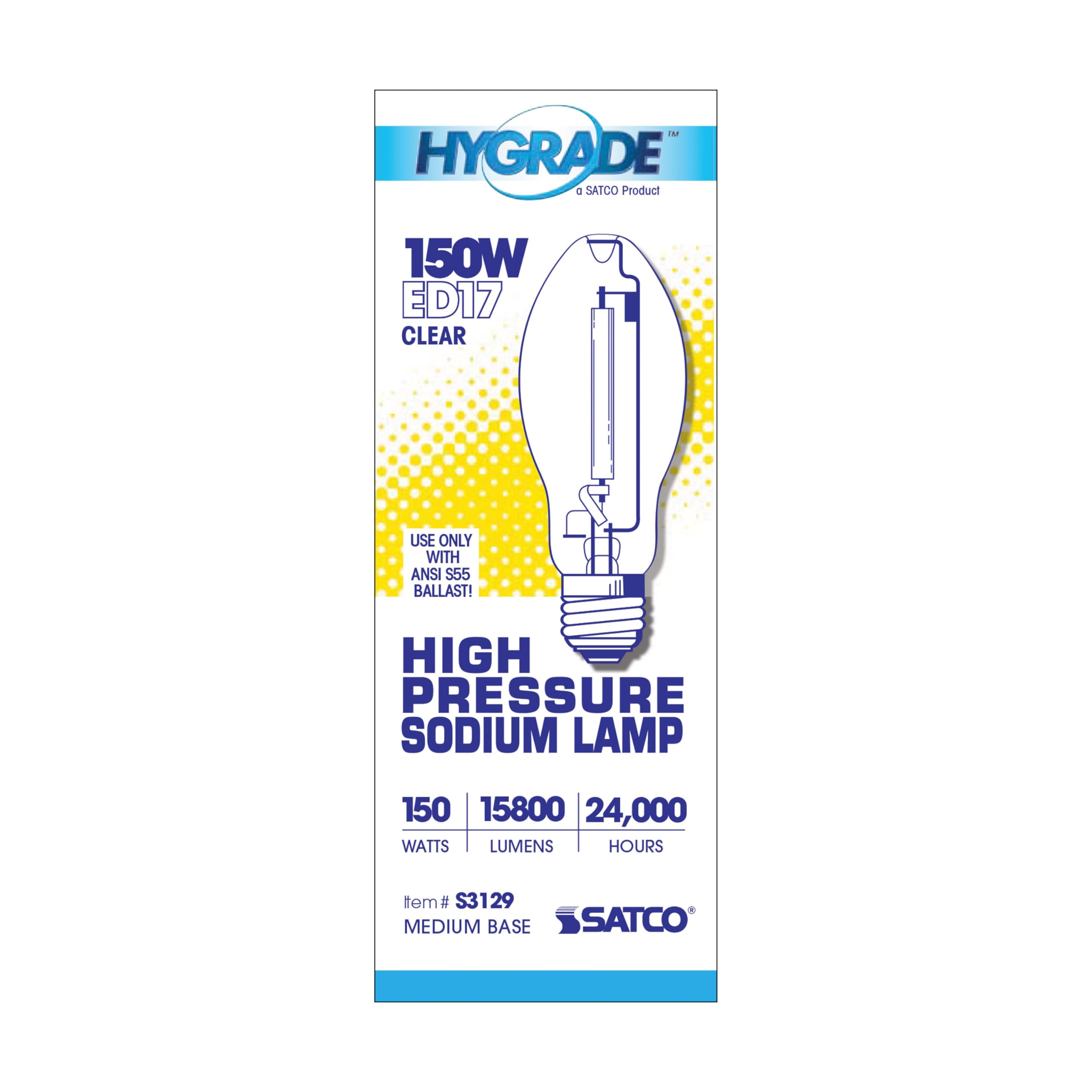 Satco S3129 2100K 150-Watt Clear Medium Base ED17 High Pressure Sodium Lamp