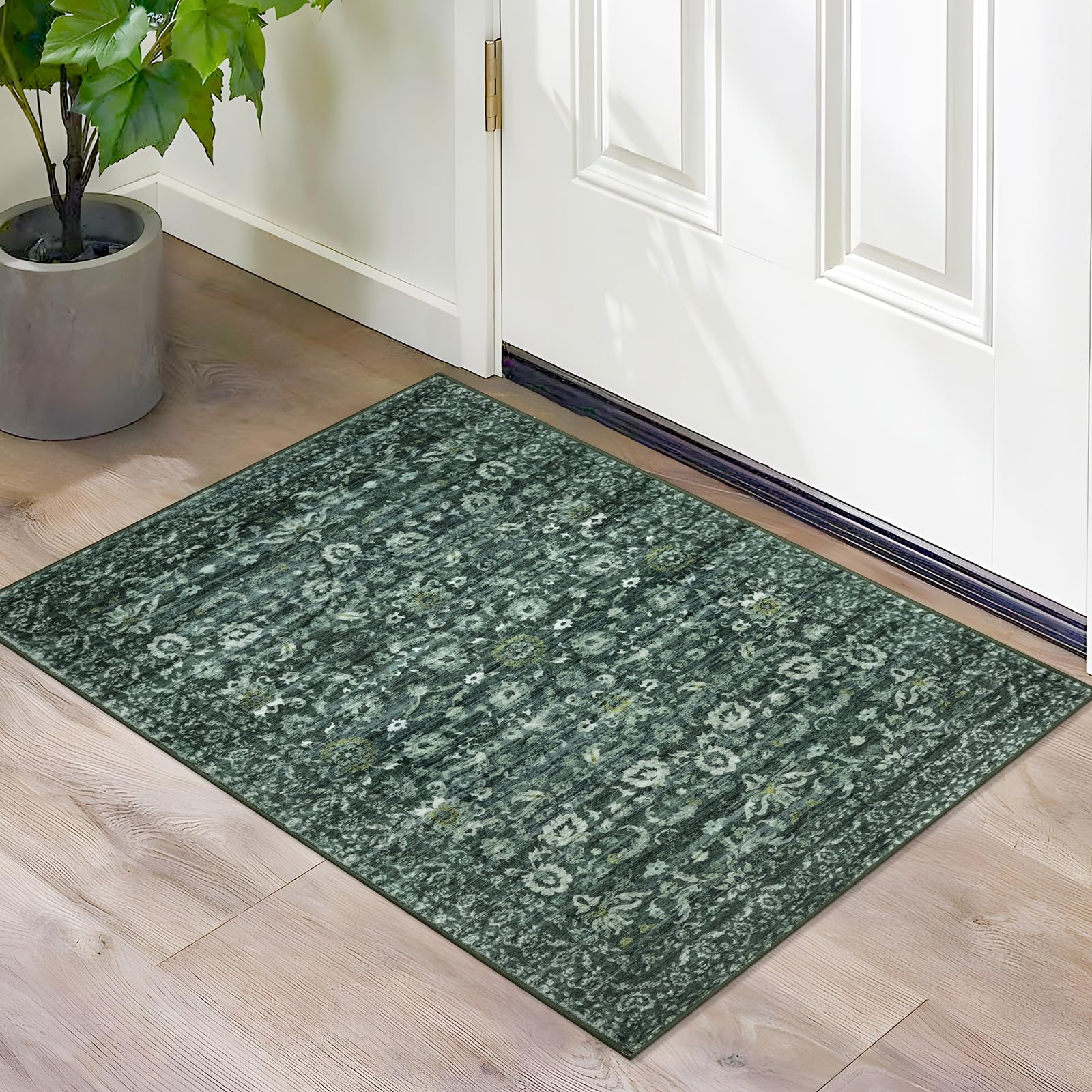 Lansny Vintage Entryway Rug Indoor 2x3 Washable Rug, Dark Green Small Area Rug, Vintage Non-Slip Throw Rugs, Accent Kitchen Rug Thin Print Faux Wool Front Super Soft Door Rug for Foyer Bedroom Office