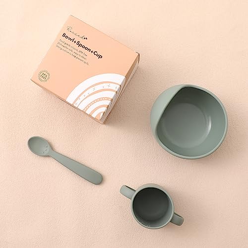 ROCCED Baby Silicone Bowls with Suction Toddler Bowls and Spoons Set Training Cups for Baby Silicone Baby Feeding Set Baby Cups with 2 Handles Silicone-Sage