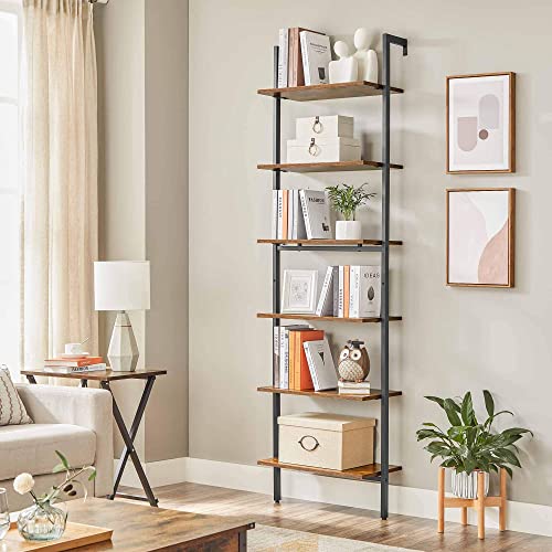 VASAGLE Industrial Ladder Shelf, 6-Tier Bookshelf, Wall Shelf for Living Room, Office, Kitchen, Bedroom, 23.6 x 11.8 x 80.6 Inches, Rustic Brown and Black ULLS103B01