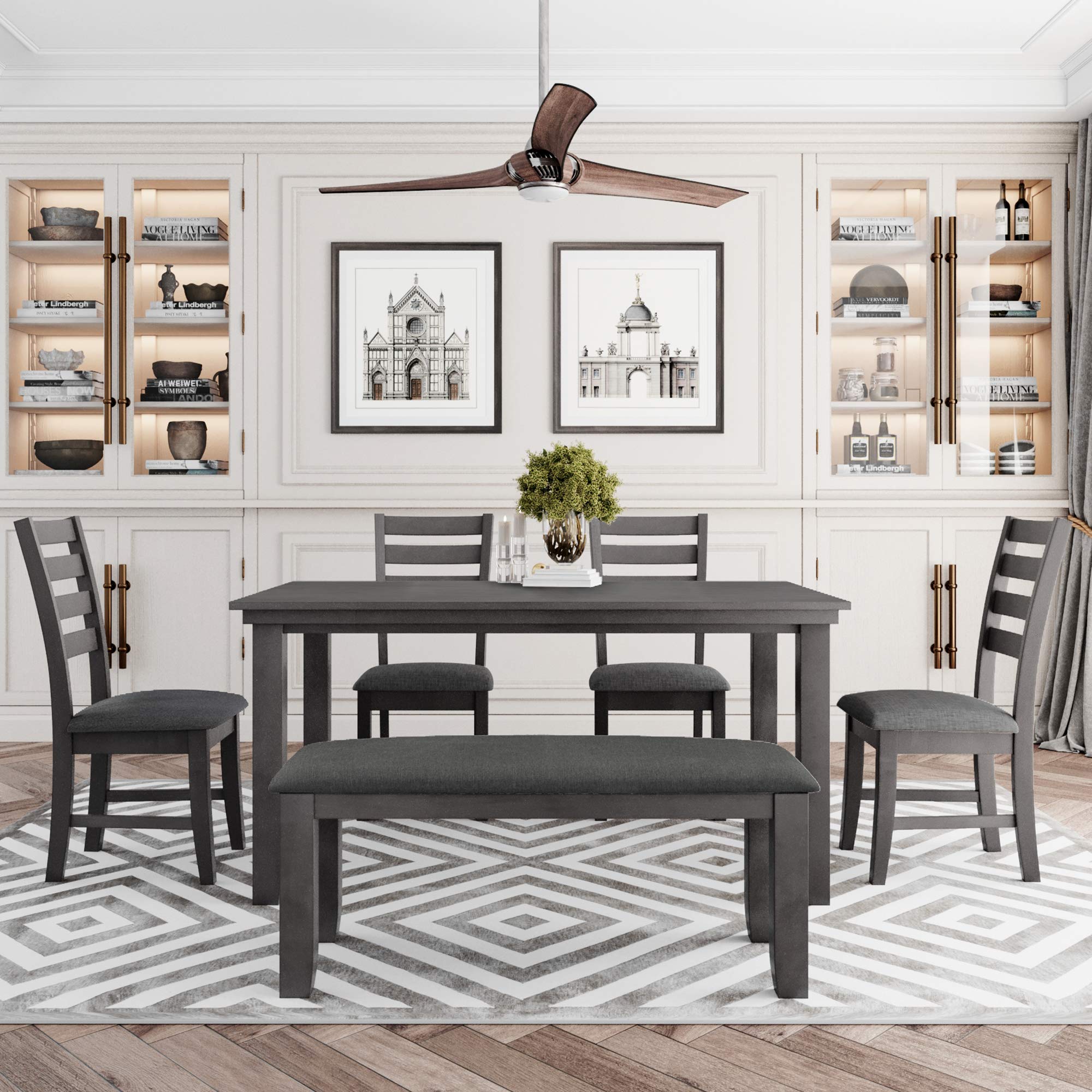 Dining 6, Farmhouse Rustic Style Rectangular Wood, Kitchen Table Set with 4 Chairs and 1 Bench with Padded Cushion, Gray
