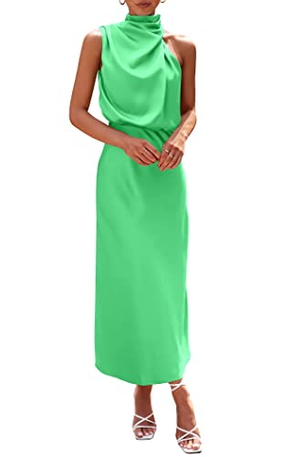 PRETTYGARDEN Women's 2023 Summer Satin Dress Elegant Sleeveless Mock Neck Cocktail Party Maxi Dresses (Grass Green,Small)