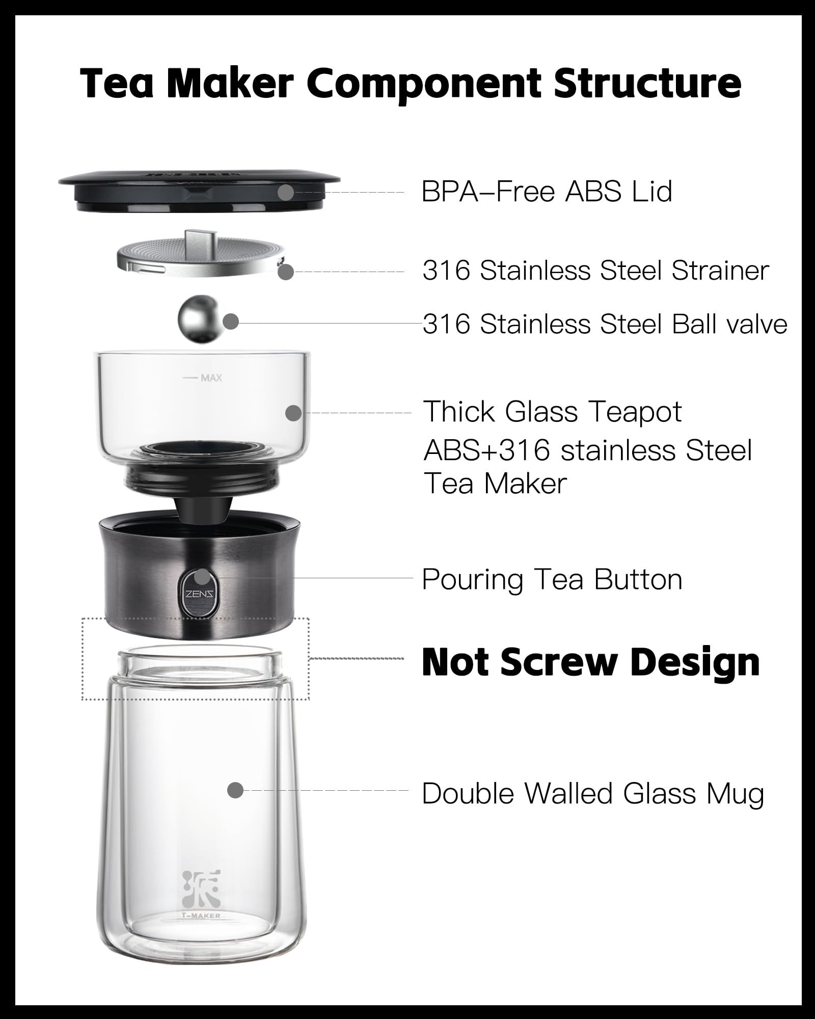 ZENS Modern Small Glass Tea Infuser Teapot, 3-in-1 Smart One Touch Tea Maker for Loose Leaf Tea Steeper, Solo Simple Tea Strainer with 9oz Double Walled Tea Cup for Hot Black, White Tea Diffuser.