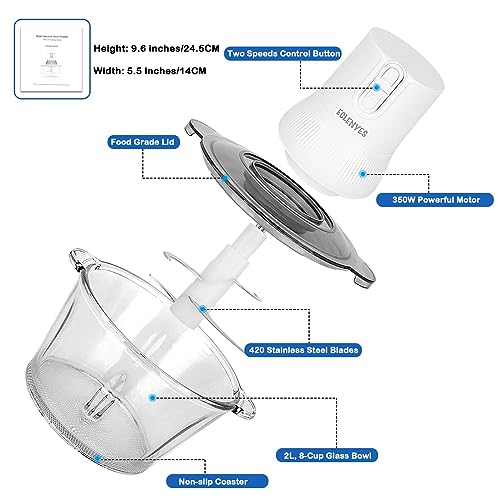 Electric Food Processor, 2L Meat Grinder with 2 Speed Food Chopper & Vegetable Chopper, 8 Cup with Powerful 350W Food Chopper for Vegetables, Fruits, Meat, Nuts, Beans, etc(4 Sharp Blades)