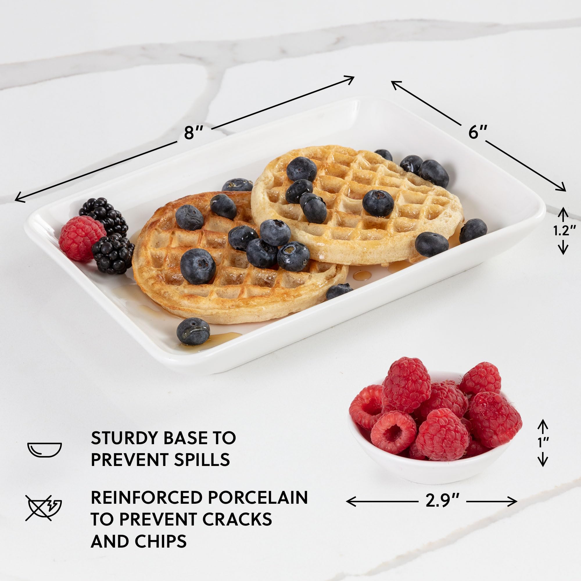 FAMHH 8 Inch Appetizer Plates Set with Dipping Cups for Serving, Desserts, Salads β Chip-Resistant, Porcelain, Rectangular Dinner Plates β Free of Plastic & Lead β 6 Small, White Dinner Plates & Cups