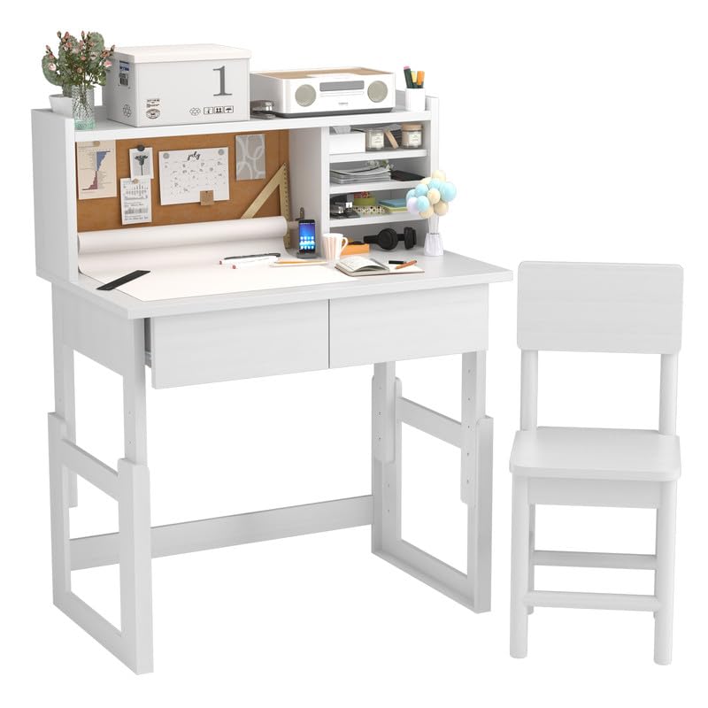 NKUGCFC White Kids Desk and Chair Set for 5-18 Year Old,Ergonomic Height Adjustable Childrens Study Desk with 2 Drawers,Kids Art Table with Storage-nv8nse