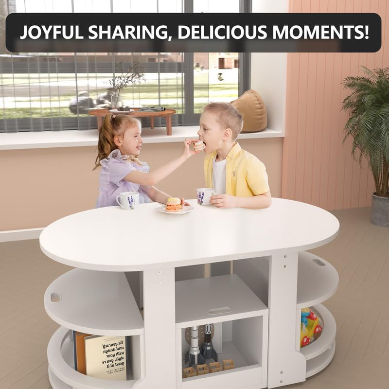 NKUGCFC Wooden Kids Play Nesting Table and Chair Set with 4 Storage Stools, Oval Shaped Nesting Design Table, Children Nesting Table with Storage,Kids Nesting Activity/Play/Read/Craft Table