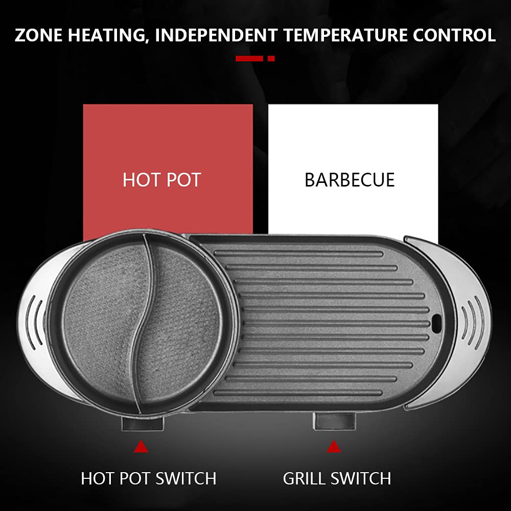 Electric Hot Pot Grill 2 in 1 BBQ Pan Grill Hot Pot 5 Speed Fire Adjustment Smokeless for Indoor 110V Black