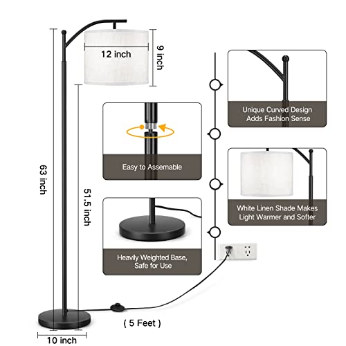 OUTON Arc Floor Lamp with Remote Control, LED Dimmable Modern Lamp with 4 Color Temperatures, Tall Standing Reading Lamp with Adjustable White Linen Shade for Living Room, Office, Black Matte