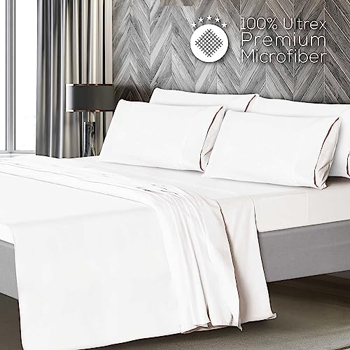 Mueller Ultratemp King Size Sheets Set, Super Soft 1800, 6 Piece, Deep Pocket up to 16" Bed Sheets, Transfers Heat, Breathes Better, Hypoallergenic, Wrinkle, White