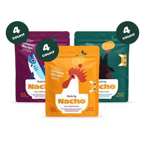 Made by Nacho Wet Cat Food Variety Pack, Cage-Free Chicken, Sustainably Caught Salmon, Grass-Fed Beef with Bone Broth for Extra Hydration, (12) 3 oz Pouches