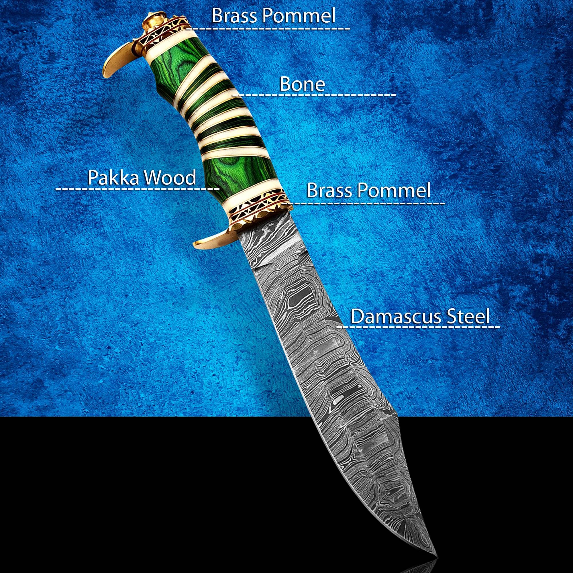 Skokie Knives Custom Hand Made Damascus Steel Hunting Knife Handle Camel Bone (Green)