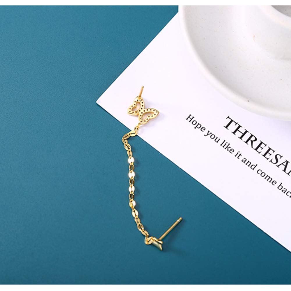 Double Butterfly Chain Cuff Wrap CZ 925 Sterling Silver Stud Crawler Climber Earrings for Women Cartilage Threader Tassel Dangle Hypoallergenic Cute Animal Gifts for Bff Birthday (Gold)