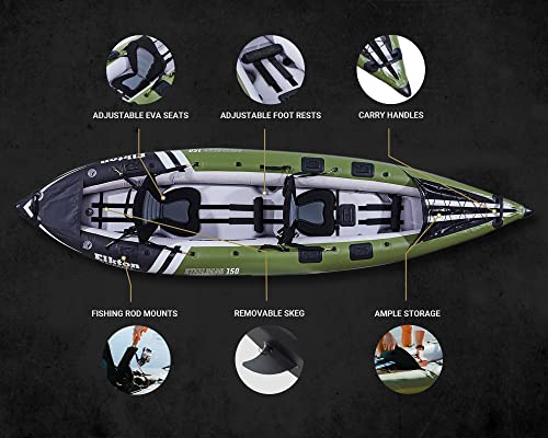 Elkton Outdoors Steelhead Inflatable Fishing Kayak Boat - 2 Person Angler Blow Up Tandem Kayak, Includes Paddles, Seats, Hard Mounting Points, Bungee Storage, Rigid Dropstitch Floor and Spray Guard