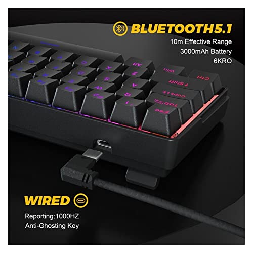 MARVOI Mechanical Keyboard 60% Mechanical Mini Keyboard Bluetooth RGB Hot-Swappable PBT Detachable Cable Wireless Gaming Keyboard (Size : Gateron Brown, Color : Black(3-Mode))