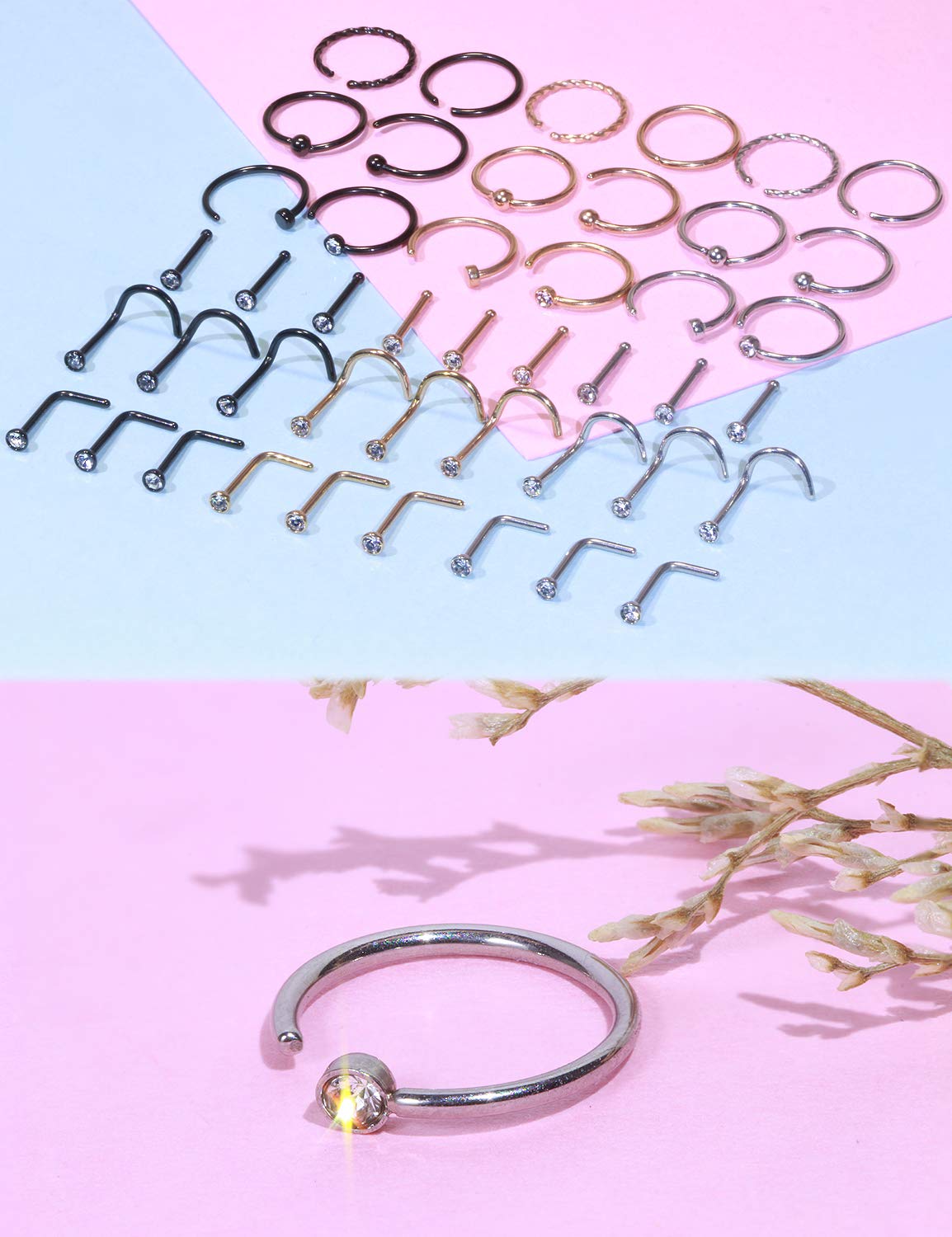 Ftovosyo 20g Nose Rings Studs Surgical Steel Nose Rings Hoop Piercing Jewelry for Women Men Set 45pcs Silver Rose Gold Black L Shaped Screw Nose Stud
