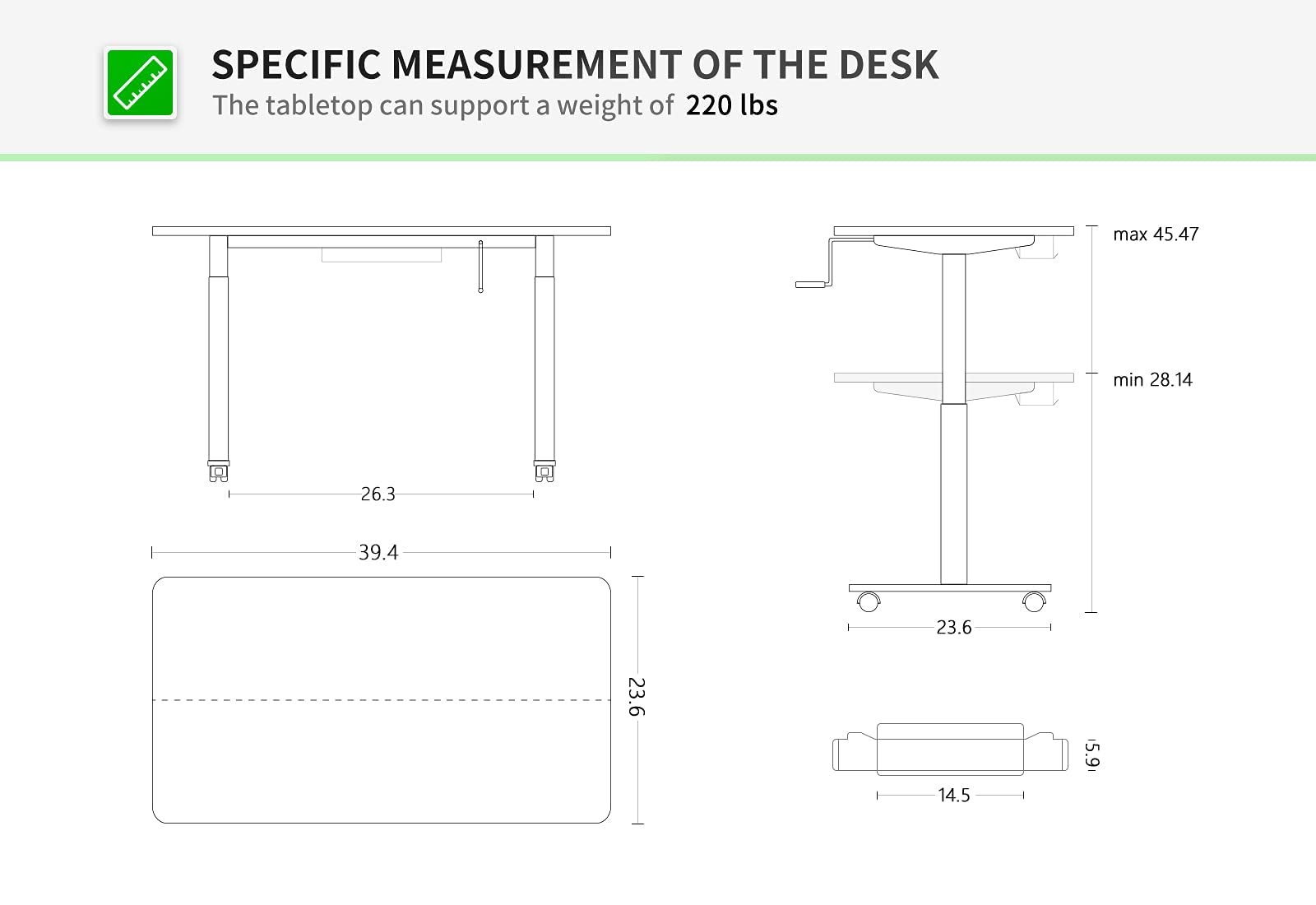 FAMISKY Crank Adjustable Height Standing Desk, 40 x 24 Inches Manual Stand up Desk, Sit Stand Workstation for Home Office with Handle and Splice Board, Black Frame/Walnut Top