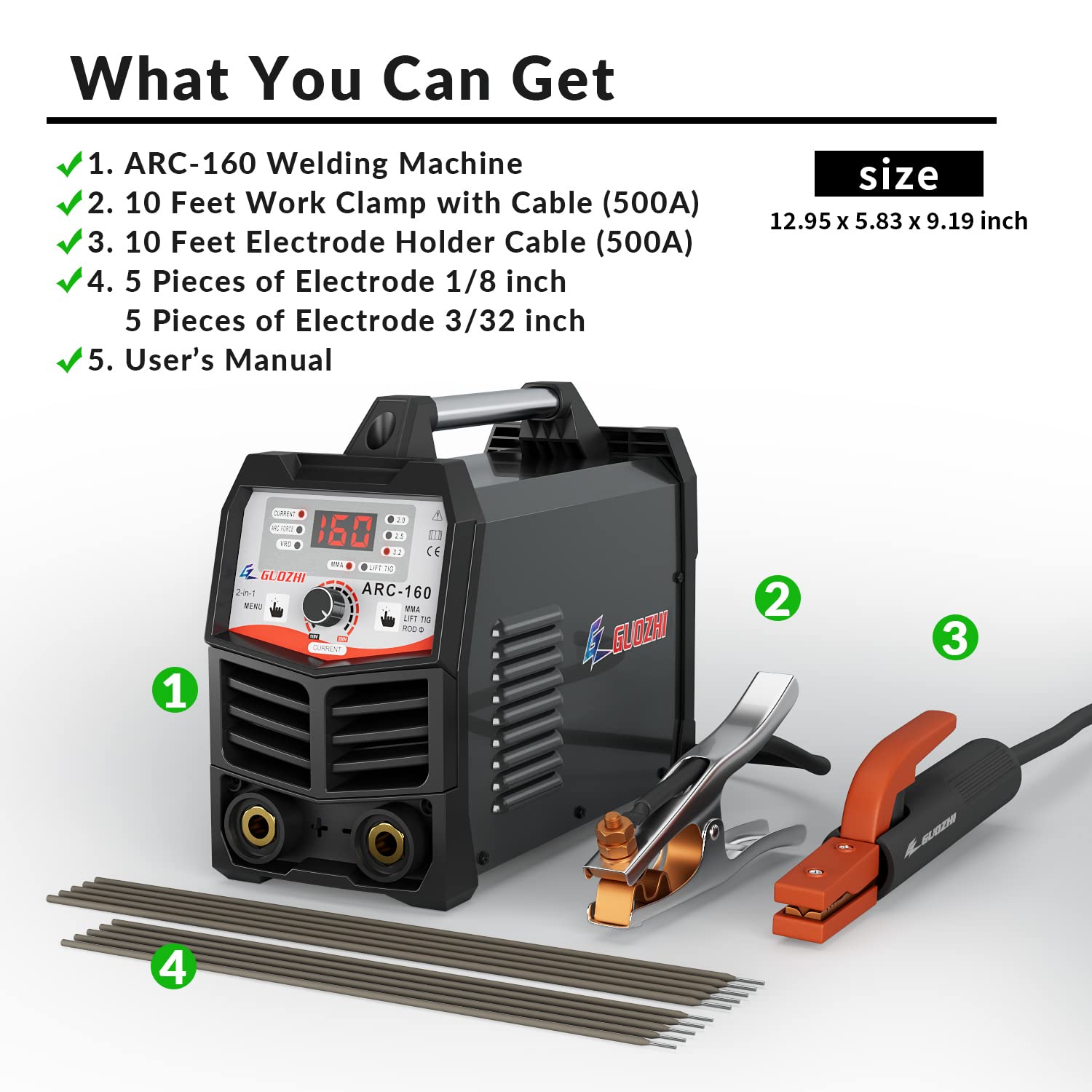 GZ GUOZHI 110/220V MMA Welder, 160A Stick ARC Welding Machine IGBT Digital Display LCD Hot Start Welder with Electrode Holder, Work Clamp, Input Power Adapter Cableā¦