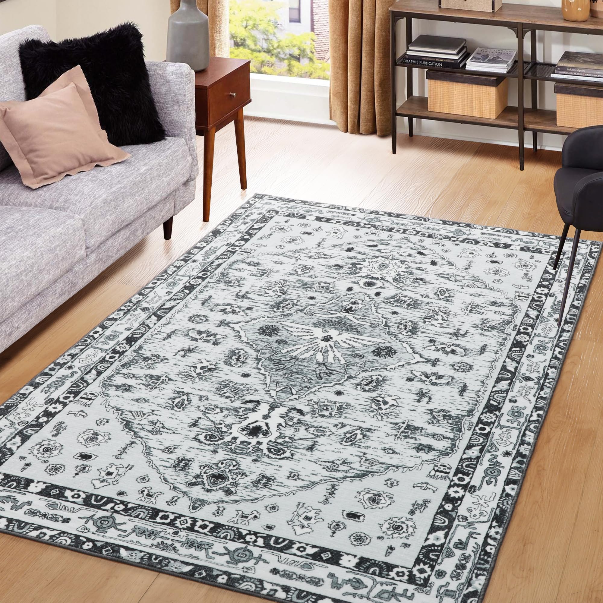 SAZAMI Bedroom Rugs, 4x6 Bohemian Vintage Tribal Area Rug, Soft Non-Slip Non-Shedding Machine Washable Floor Carpet for Living Room Kitchen Bathroom Home Office Dining Room Laundry Room, Grey