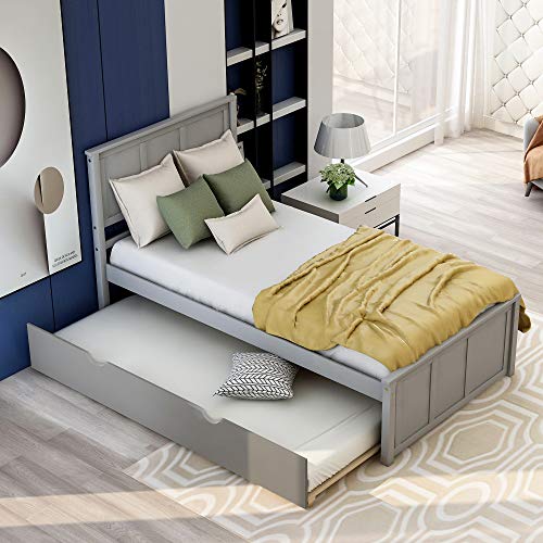 Merax Twin Size Platform Bed with Trundle, Twin Bed Frame with Headboard/Mattress Foundation/Strong Slat Support/No Box Spring Needed, Grey