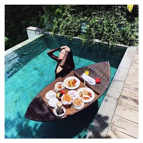 Floating Tray Floating Serving Tray Swimming Pool Rattan Woven Loating Food & Drink Holder, for Pool Serving Drinks, Brunch, Food On The Water, Brown