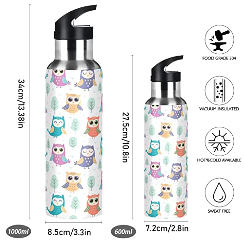 xigua 32oz Double leak Proof layer Insulated Keep Warm,Cute Happy Owls Stainless Steel Water Bottle with Straw for Sports and Travel#3