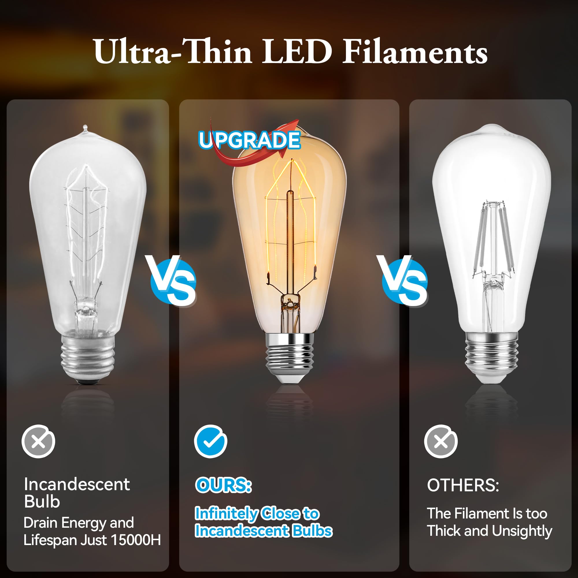 LED Edison Bulb Equal 25w Vintage Amber Light Bulbs 2000K Soft Yellow Light LED Bulbs, Super-Thin Spiral Filament Incandescent Warm Light Amber Bulbs, Dimmable E26 Base Night Light Bulbs 4W, 3 Pack