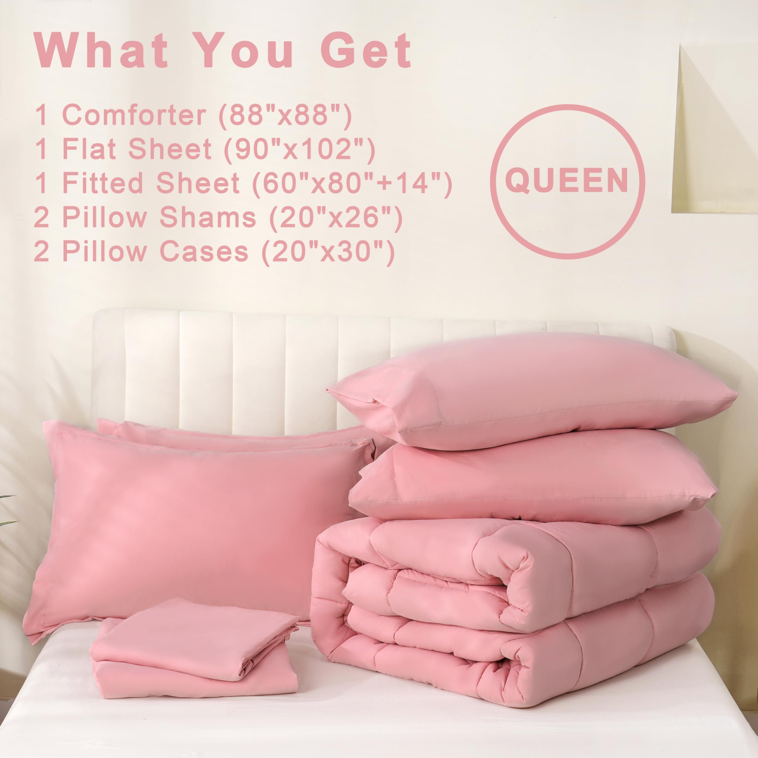 DOWNCOOL Queen Comforter Set, 7 Pieces Bedding Sets Queen Pink, All Season Down Alternative Bed in a Bag Queen with Comforter, Flat Sheet, Fitted Sheet