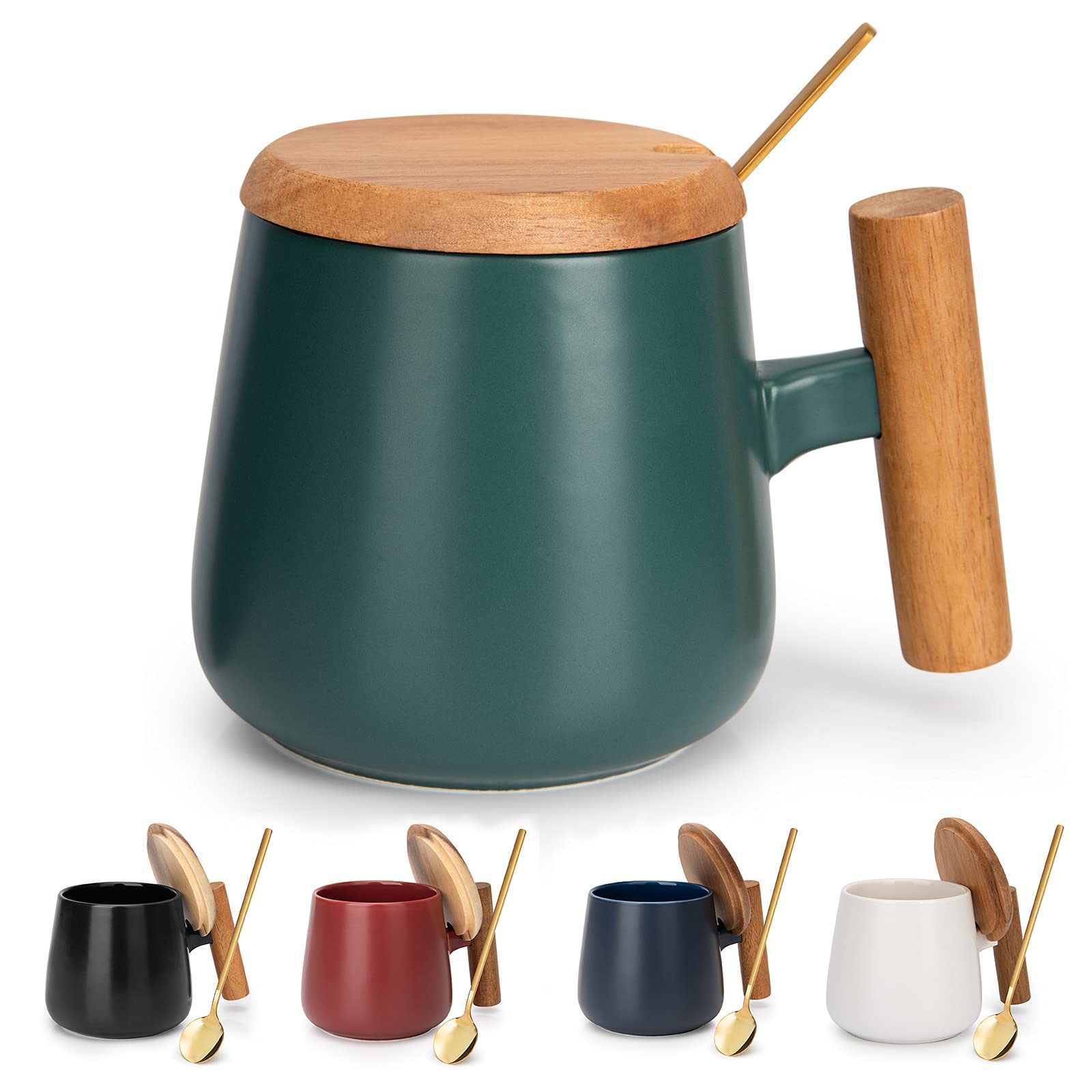 GOOD ALWAYS Ceramic Coffee Mug, Tea Cup for Office and Home, 14 Oz Coffee Cup with Lid and Spoon, Valentines Day, Birthday Gifts, House Warming Presents for New Home, 1 Pack (Dark Green)