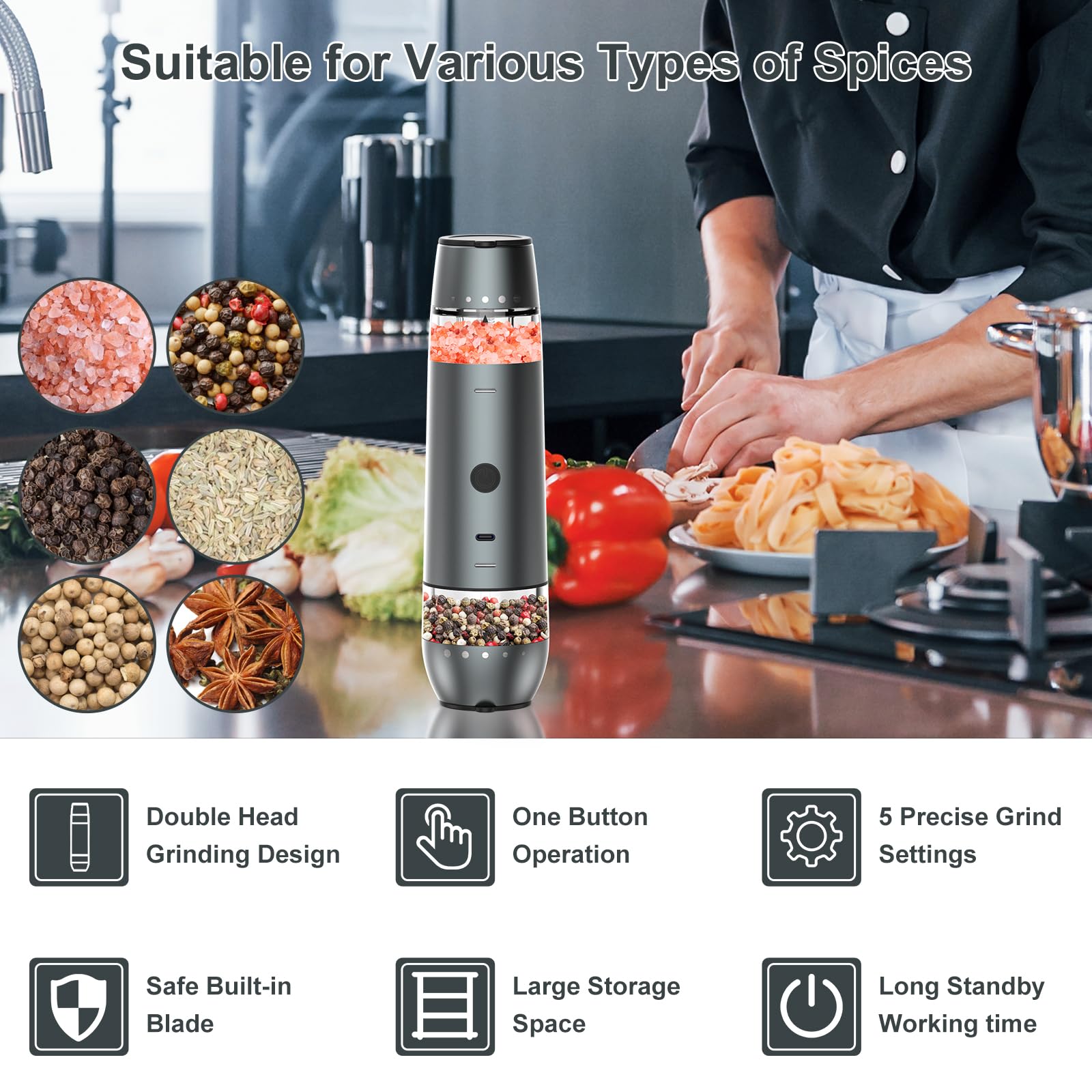 Electric Salt and Pepper Grinder 2 In 1 Duel Heads Grinding, Type-C Rechargeable, One Button Operation & Gravity, Automatic Salt Pepper Mills with Ceramic Grinding Teeth, 5-Precise Grind Settings