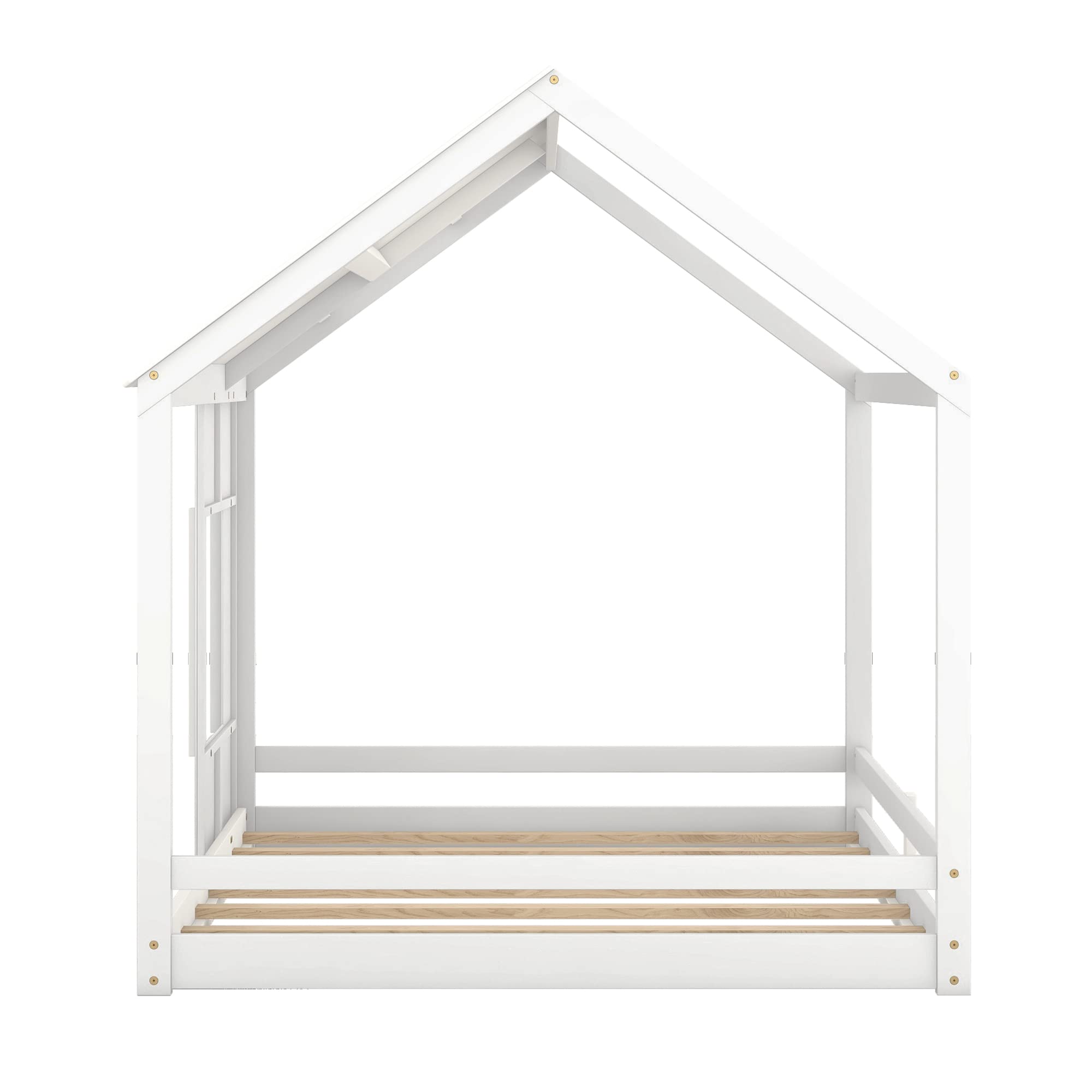 DOLPRNE Full Size House Bed,Modern Floor Bed Frame with Roof and Window,Solid Wood Platform Bed Frame for Kids Teens Girls Boys Bedrooms,White