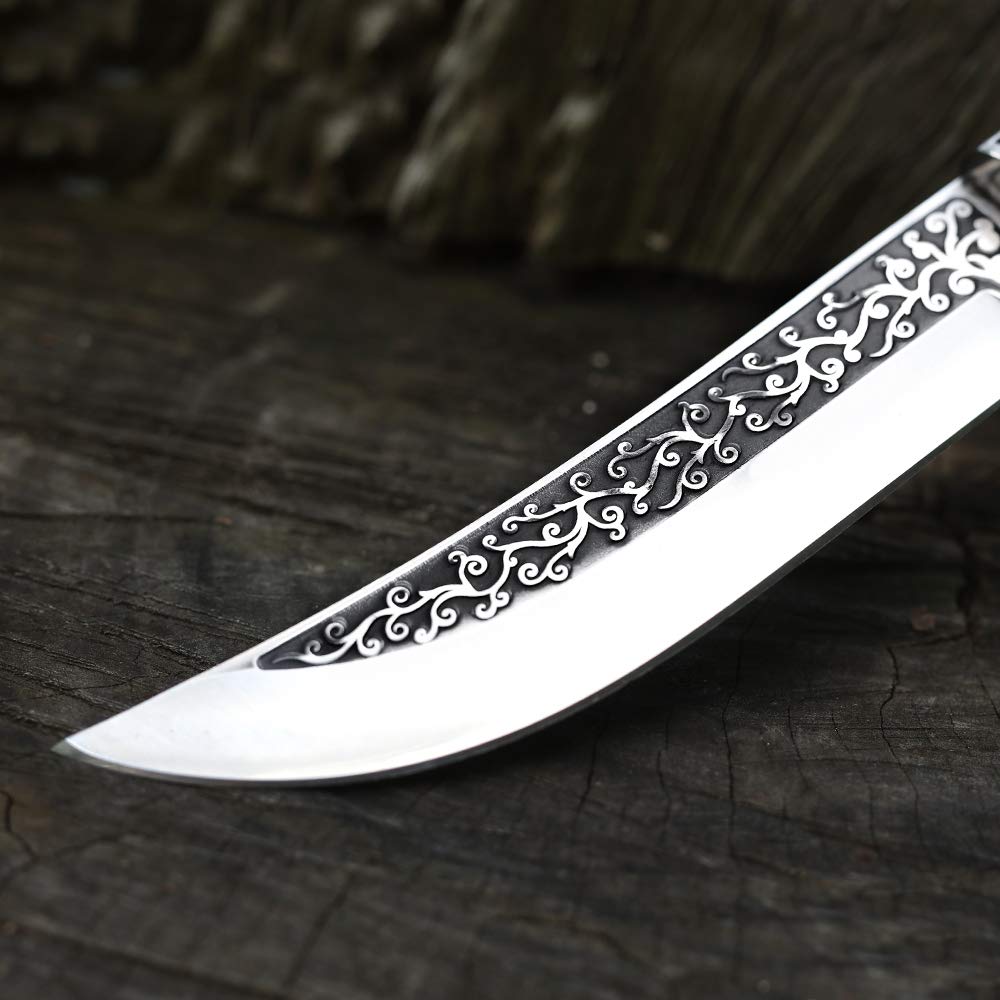 FU-GLBY 11" Fixed Blade Knife with leather sheaath classical embossed blade hunting knife wood handle Survival knife