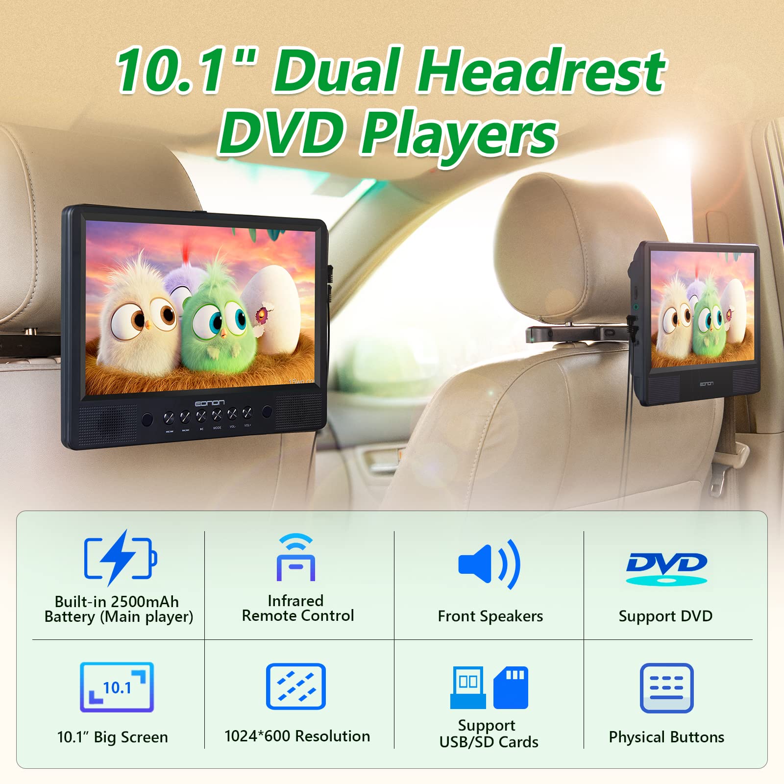 Eonon C1100A Headrest DVD Player 10.1Inch Portable DVD Headrest Monitor for Car Digital Touch Screen Headrest DVD Player with Digital Touch Button HDMI USB SD Port (Two Headrests-Black)
