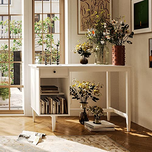White Desk with Drawers & Shelves,43-inch Small Desk for Bedroom White Vanity Desk with Storage Drawer,Modern Home Office Computer Desk
