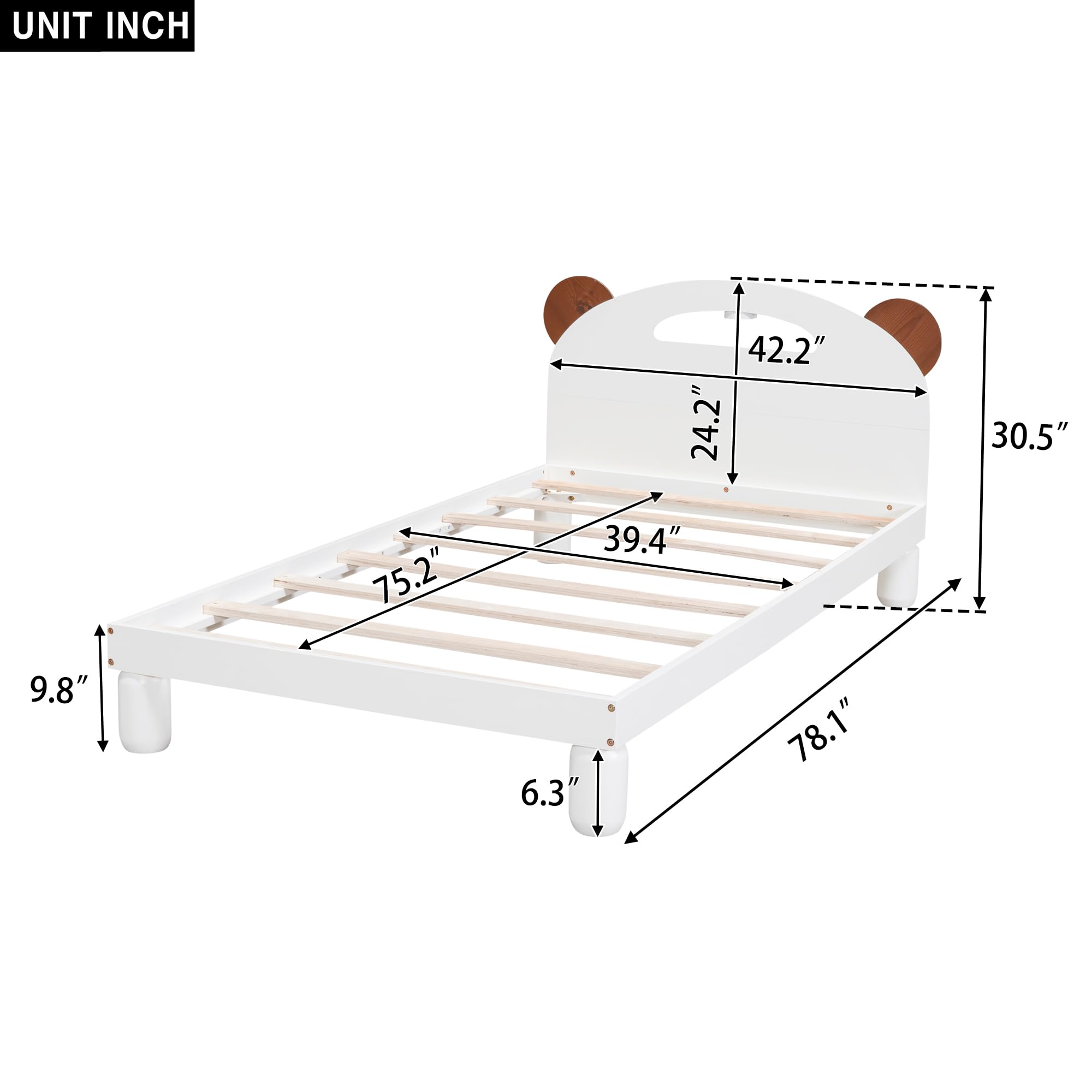 DOLPRNE Twin Size Platform Bed with Bear Ears Shaped Headboard and LED for Kids Adults Bedroom,Cream White
