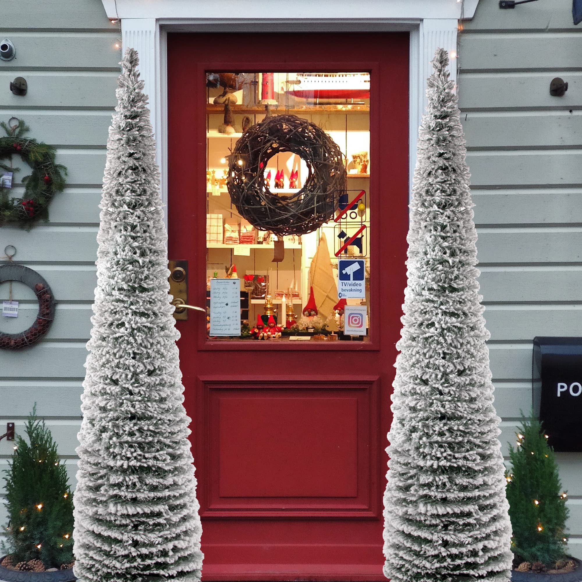 DOYOLLA Snow Flocked Christmas Tree 5ft, Artificial Small Pop up Collapsible Snow White Flocked Pencil Pine Tree for Holiday Christmas Decorations Indoor Outdoor