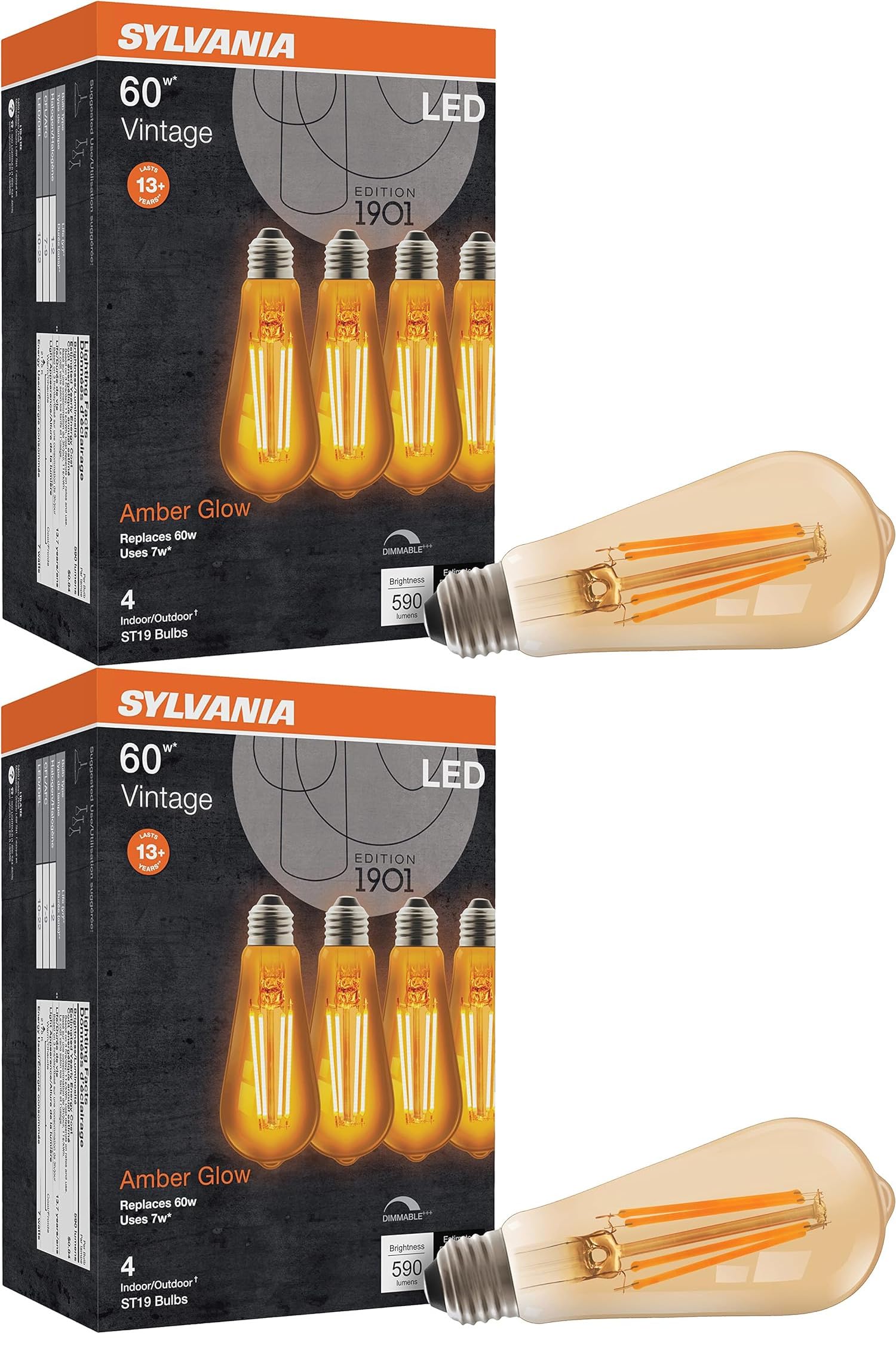 LEDVANCE (case of 8 Bulbs) Sylvania LED Vintage Filament ST19 Light Bulb, 60 watt Equivalent Using only 7 watts, Medium Base, 590 Lumens, Dimmable, 2175K, Amber Glow (40329)