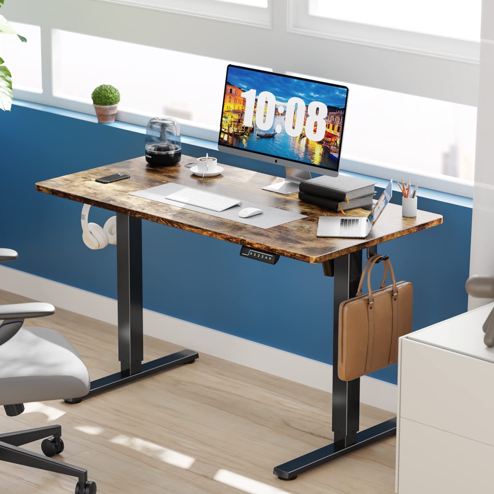 DUMOS Electric Standing Desk-Height Adjustable Table with 3 Memory Presets Ergonomic Computer Workstation with T-Shaped Metal Bracket Suitable for Home Office, 4020, Brown