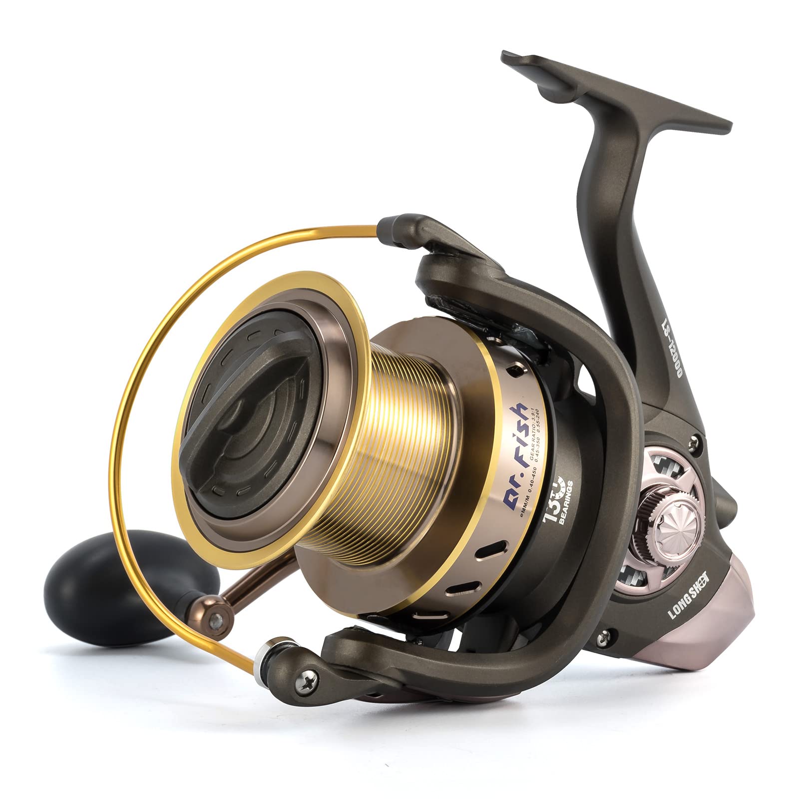 Dr.Fish Long Shot 12000 Spinning Reel, Saltwater Fishing Reel for Surf Fishing, 13+1 BBS, 48LB Max Drag, Ultra High Capacity, Heavy Duty Surf Casting Offshore Trolling Reel Catfish Reel