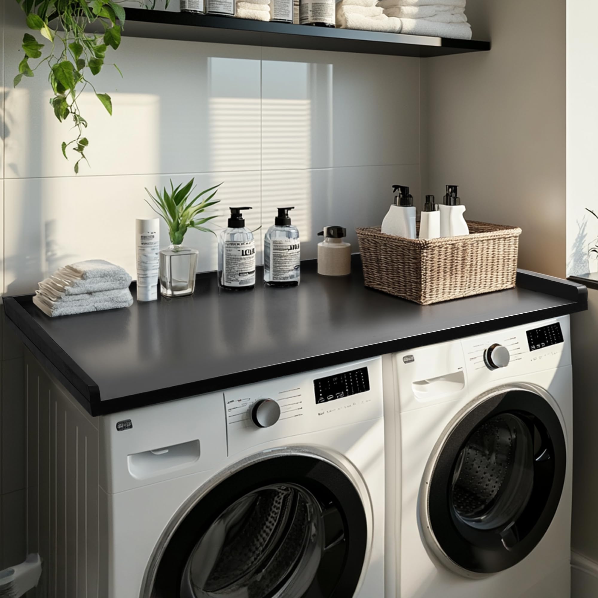 Murago Washer Dryer Countertop, 100% Hard Wood Laundry Topper with Anti-Static Coating, Edge Rails, Black