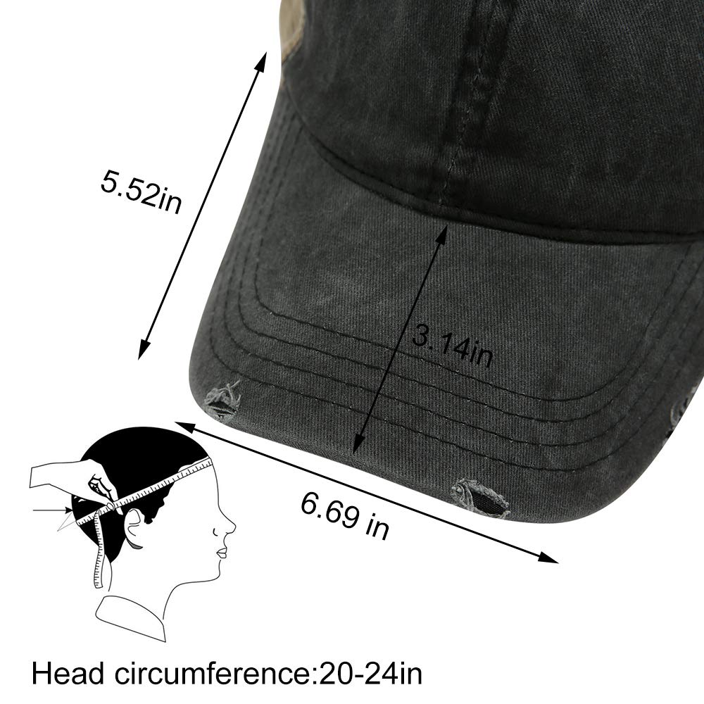 DOANNOTIUM Ponytail Baseball Cap Women Retro Washed Cotton Visor Dad Hat Adjustable Trucker Ponycaps (Black)