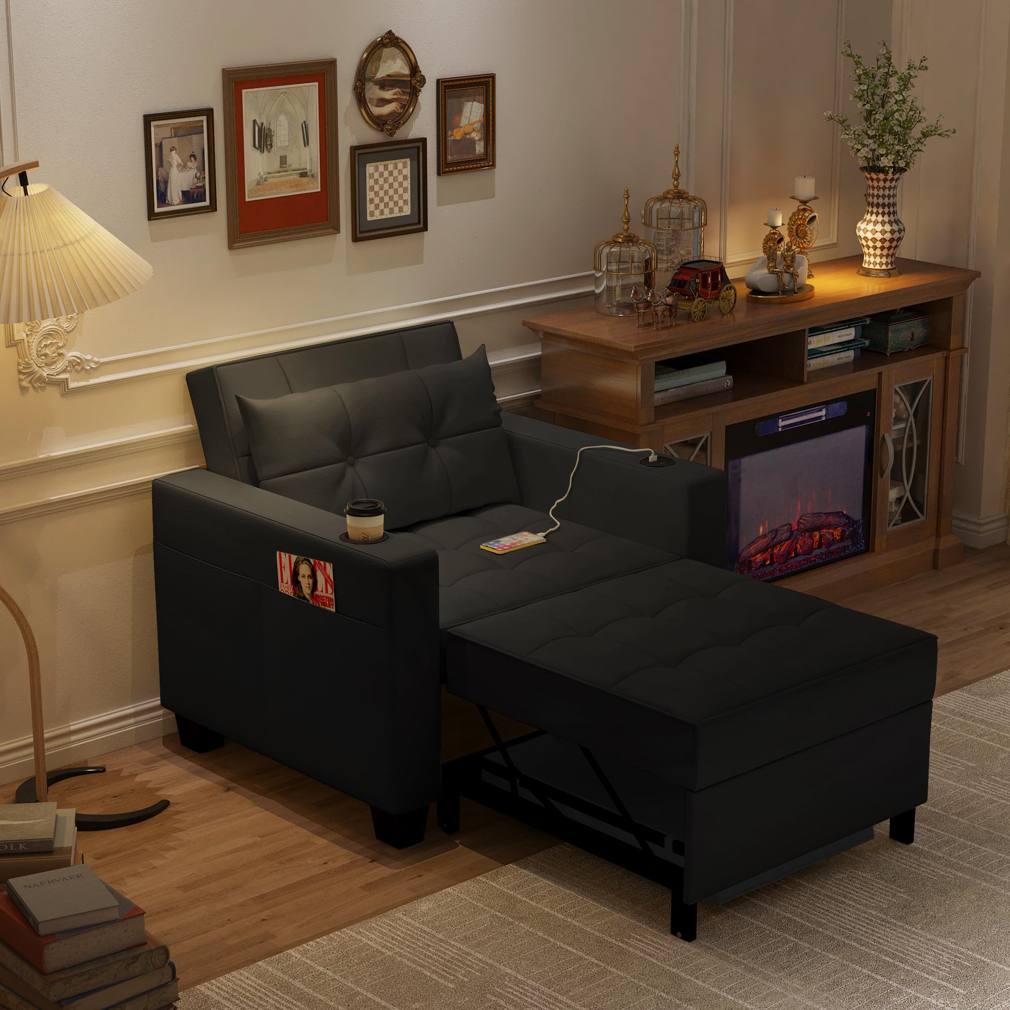 DURASPACE Pull Out Sofa Bed 3-in-1 Convertible Sofa Sleeper Chair Bed with USB, Cup Holder, Adjustable Armchair Beds for Small Spaces, Apartment, Living Room, Office (Caramel Brown Faux Leather)