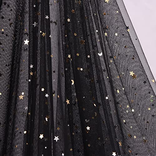 SHAYUAN 54" x 8 Yards Black Glitter Tulle Fabric Rolls Golden Stars and Moon Sequin Soft Tulle Ribbon for Dress Tutu Skirt DIY Crafts Sheer Wedding Backdrop Stage Decoration