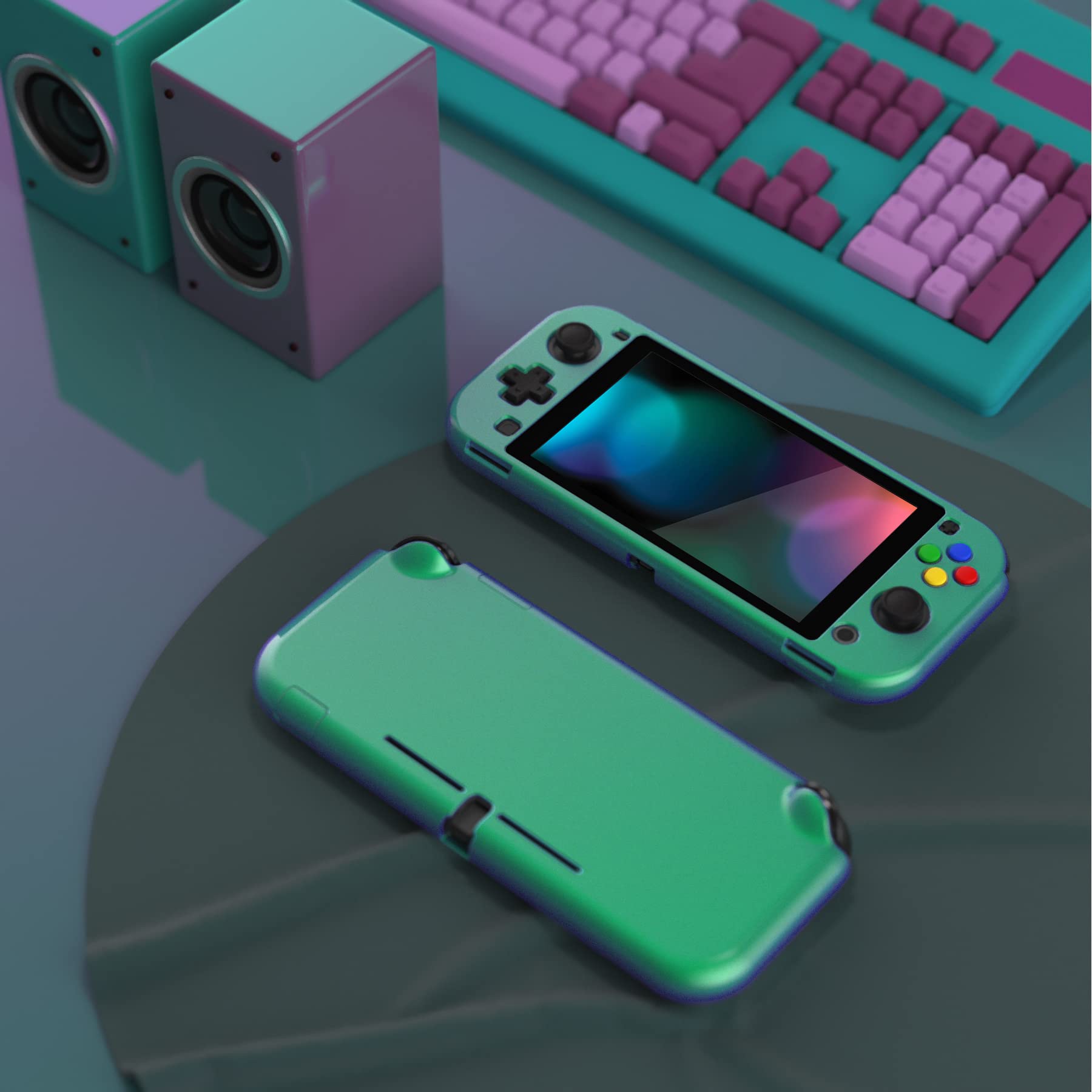 eXtremeRate PlayVital Glossy Chameleon Green Purple Protective Case for Nintendo Switch Lite, Hard Cover Protector for Nintendo Switch Lite - 1 x Black Border Tempered Glass Screen Protector Included