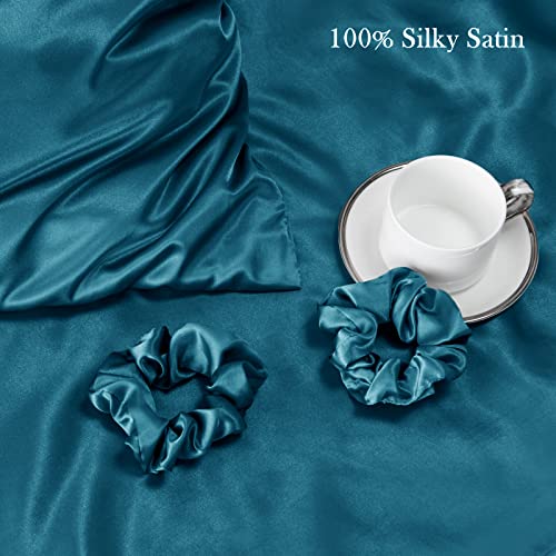 King Satin Pillowcase for Hair and Skin, King Silk Pillowcase 2 Pack, King Size Silk Pillowcase Set of 2 with Envelope Closure, Teal 20x36 inches & 2 Scrunchies by CJ&J HOME