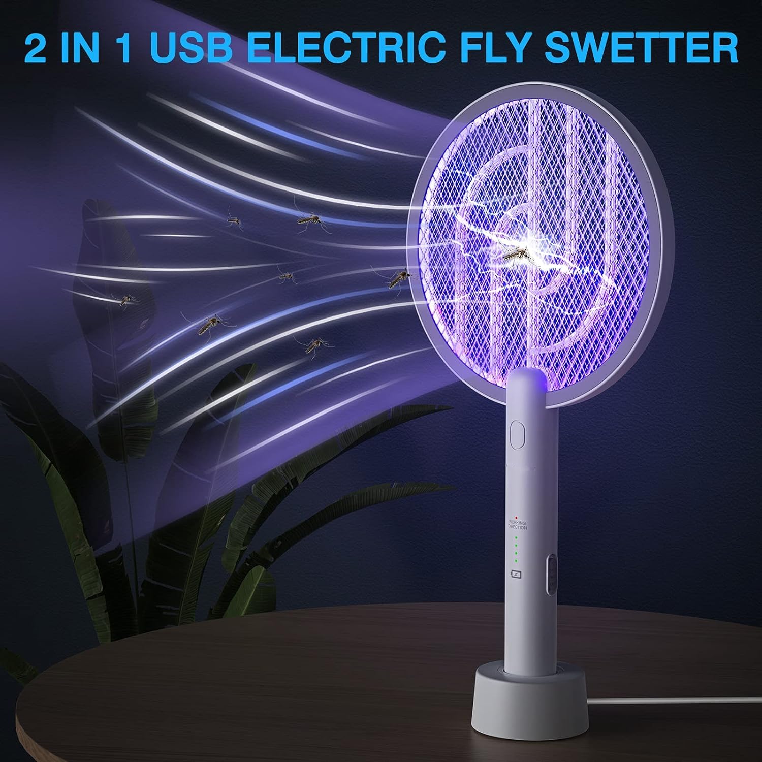 VLISBO Electric Mosquito Swatter 3000V Bug Zapper Racket Dual Modes 2 in 1 Mosquito Killer with Fly Light with USB Rechargeable Base Powerful Fly Trap Lamp for Home, Kitchen, Patio - Grey White
