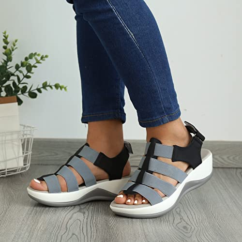 Ladies Fashion Summer Breathable Stretch Cloth Platform Wedge Hook&Loop Sandals Wedge Heels for Women Sandals