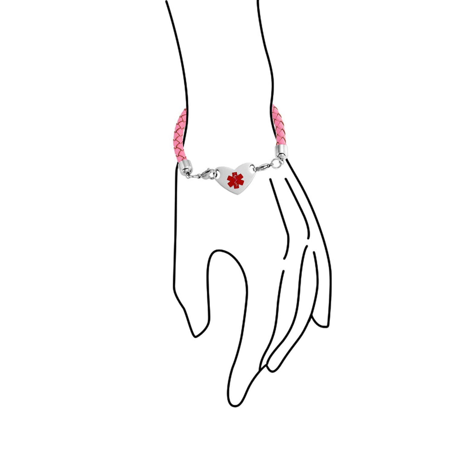 Epilepsy Medical Identification Medical ID Pink Braided Leather Bracelet Stainless Steel Custom Engraved
