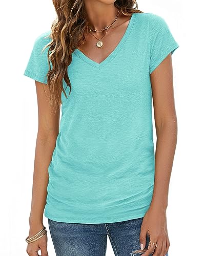 Sherosa Ladies Tops Short Sleeve V Neck Tee Shirts Cotton Plain T Shirts Basic Tees for Women Light Green S